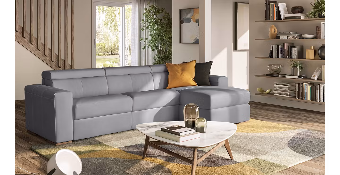 Canapea extensibila cu sezlong Piacevole 3 locuri Piele Denver Grey ...